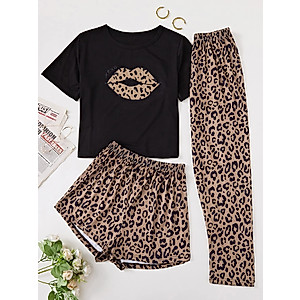 GORGLITTER Women's 3 Piece Pajama Sets Cute Print Short Sleeve Tee Top and Shorts with Pants Sleepwear Loungewear Black and Brown Large