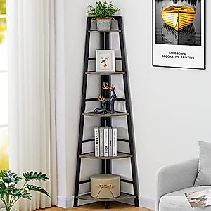 BON AUGURE Rustic Tall Corner Bookshelf, 5 Tier Wood and Black Metal Corner Ladder Shelf, Industrial Corner Bookcase and Gray Corner Shelf for Living Room, Bathroom, Kitchen (Dark Gray Oak)