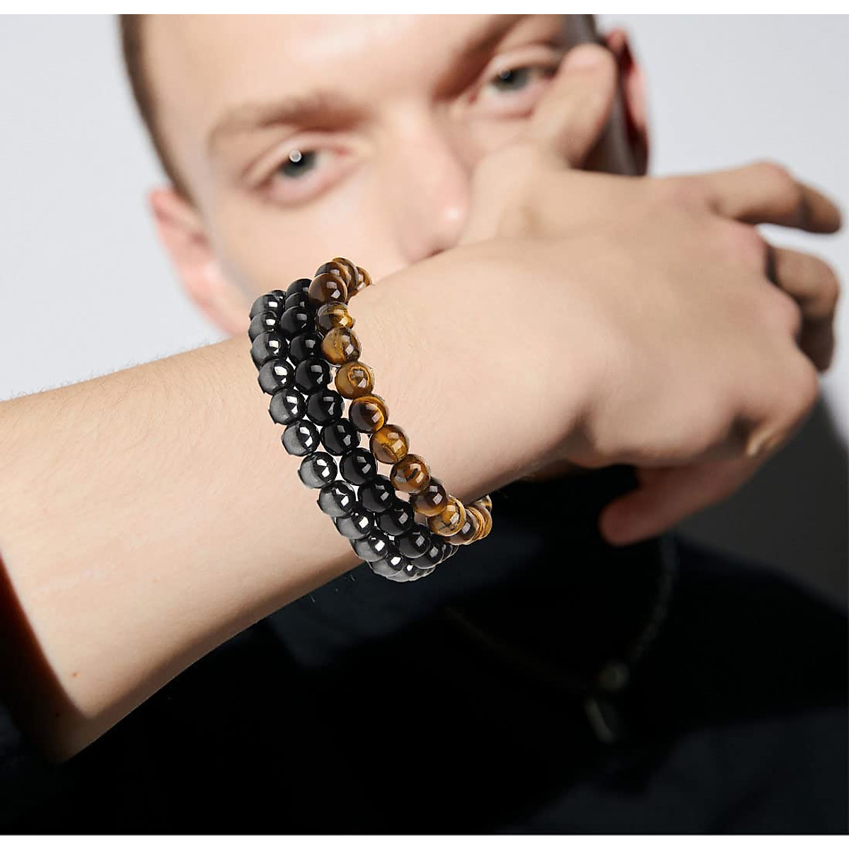 CASDAN 6 Pcs 8mm Semi-Precious Gemstones Beaded Bracelets for Women Men Healing Crystal Stone Bracelet Stretch Round Beaded Elastic Bracelets Unisex Jewelry Gifts(TIGER Eye)