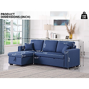 poplarbox L Shape Couch with Pull Out Bed, 84" Small Blue Sectional Sleeper Sofa with Storage Chaise, Convertible Pull Out Couch Bed for Bedroom, Living Room