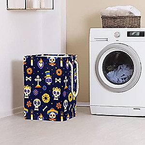 Waterproof Laundry Baskets Tall Sturdy Foldable Day of The Dead Skull Print Hamper for Adult Kids Teen Boys Girls in Bedrooms Bathroom