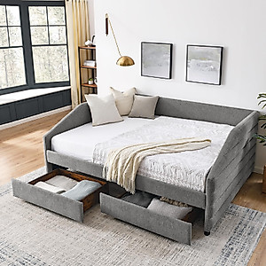 JEEOHEY Queen Size Daybed with Storage, Modern Upholstered Linen Sofa Bed with 2 Pull-Out Drawers for Apartment Living Room Guest Room, Solid Wood Trundle Day Bed Frame, No Box Spring Needed, Grey