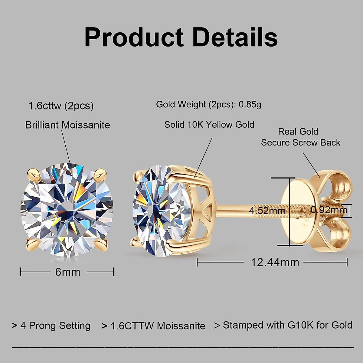 RAPRGOLD Moissanite Stud Earrings Lab Created 10K Real Yellow Gold Earrings Jewelry Gifts for Women Men, Solitaire Round Cut Moissanite Studs for Men Solid Gold in Secure Screw Back 1.60cttw 6mm