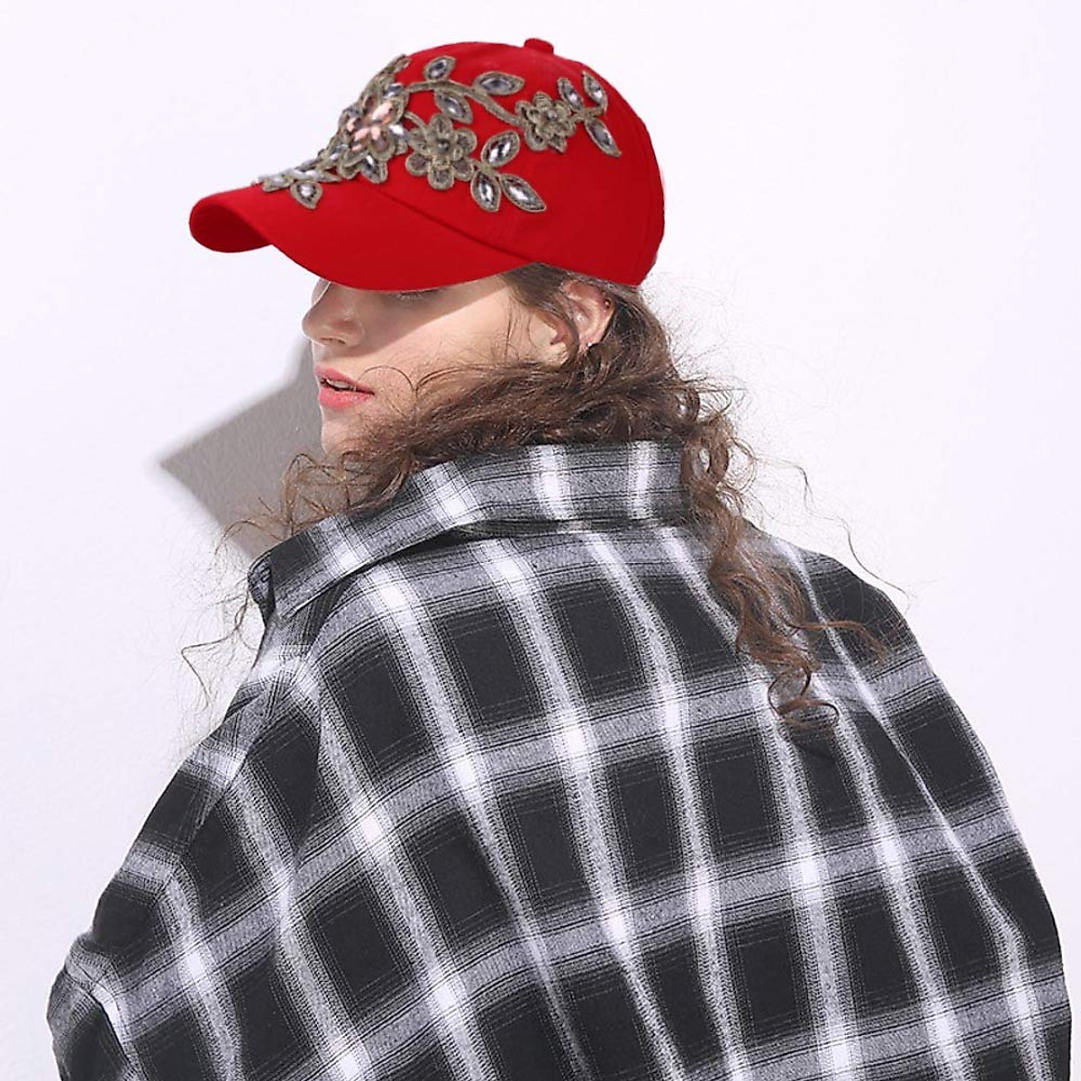 CRUOXIBB Women's Crystal Flower Bling Rhinestone Snapback Cap Baseball Hat(01 Red)