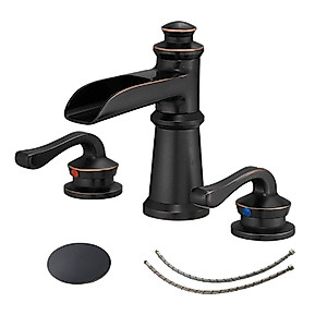 Homevacious Widespread Bathroom Faucet Oil Rubbed Bronze Waterfall 2-Handle with Pop up Drain Assembly Farmhouse 3 Holes 8-16 Inch Sink Rustic Mixer Tap Overflow Commercial Supply Lead-Free
