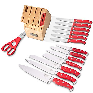 JXWING Professional 15-Piece German High Carbon Stainless Steel Kitchen Knife Set, Ocean Series Premium Forged Full Tang Chef Knives Set with Rubber Wood Block, Red