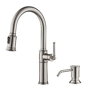 KRAUS Sellette Traditional Spot Free Stainless Steel Single Handle Pull-Down Kitchen Faucet with Deck Plate and Soap Dispenser, KPF-1682SFS-KSD-80SFS