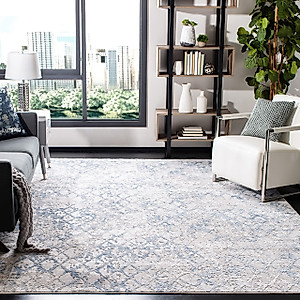 SAFAVIEH Amelia Collection Area Rug - 9' x 12', Light Grey & Blue, Modern Trellis Distressed Design, Non-Shedding & Easy Care, Ideal for High Traffic Areas in Living Room, Bedroom (ALA783G)