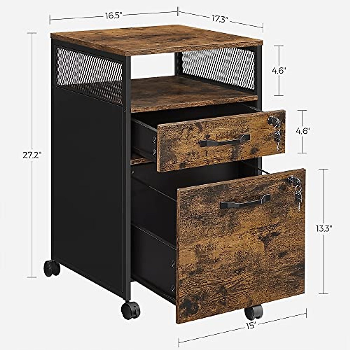 VASAGLE File Cabinet with Lock, Filing Cabinet with 2 Storage Drawers, for Hanging File Folders, Open Shelf, Home Office, Steel Frame, Industrial, Rustic Brown and Black UOFC077B01