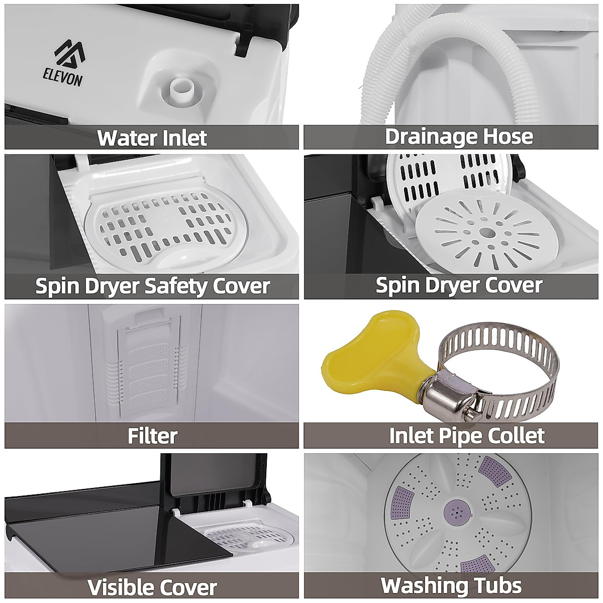 Elevon Portable Washing machine, 28lbs Mini Compact Laundry Washing Machine, Twin Tub 18lbs Washer & 10lbs Spinner Combo, Clothes Washer Machine with Drain Pump for Apartment, Dormitory and RVs