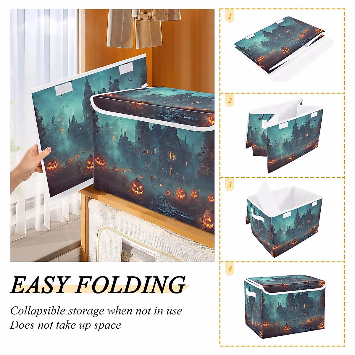 BOESI Castle and Halloween Pumpkin Pattern Foldable Storage Baskets Fabric Boxes with Handle Organizers with Flip-Top Lids Storage Bins for Home Bedroom Office