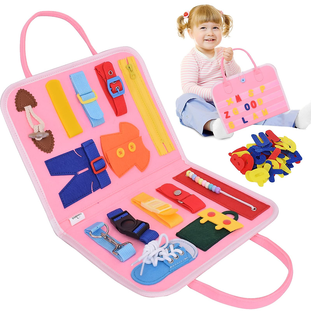 CNHBSS Busy Board, Montessori Toddler Toys, Felt Sensory Board, Gifts for 1 2 3 4 Boys and Girls, Learning Fine Motor Skills Cognitive Letters and Numbers, Toddler Activities Travel Toys(Pink)