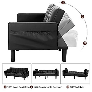 AVAWING Futon Sofa Bed, Modern Leather Convertible Sofa Bed Upholstered Sleeper Sofa Couch Bed with Adjustable Back, Arms and High Strength Nylon Legs for Living Room, Apartment, Office（Black）