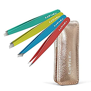 Precision Tweezers Set 4-Piece Muticolor Professional Stainless Steel Tweezers, LaVieEn 4 Pack Tweezers Precision for Eyebrows, Splinter and Ingrown Hair Removal with Rose Gold Leather Travel Case