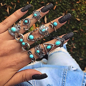 Asphire 11Pcs Bohemian Stacking Knuckle Rings Set Turquoise Midi Ring Punk Silver Animals Finger Rings for Women