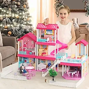 Doll House, Dream House for Girls 3 Stories 7 Rooms Dollhouses with 3 Dolls Toy Figures, Swim Pool, Slide, Furniture and Accessories, Pretend Playhouse Gift Toy for Kids Ages 3 4 5 6 7 8+