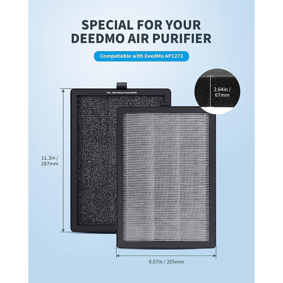 DeedMo Air Purifier Replacement Filter, Compatible with AP-1273, 3-in-1 True HEPA, Eliminate Smoke, Cooking Odor and Dust, 2 Pack