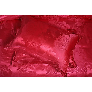 Satin Duvet Cover Queen Size, Floral Jacquard Satin Duvet Cover Set 3 Piece Luxury Silk Like Bedding Comforter Cover Set 90"x90", 2 Piece Pillowcase with Zipper Closure & Corner Ties (04,Queen)