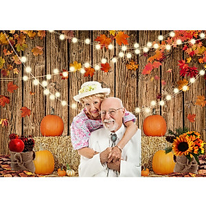LYWYGG 7x5FT Fall Thanksgiving Photo Backdrop Autumn Retro Board Backdrops Wooden Fence Haystack Pumpkin Photo Background Thanksgiving Party Decorations Studio Photography Props CP-367 Yellow