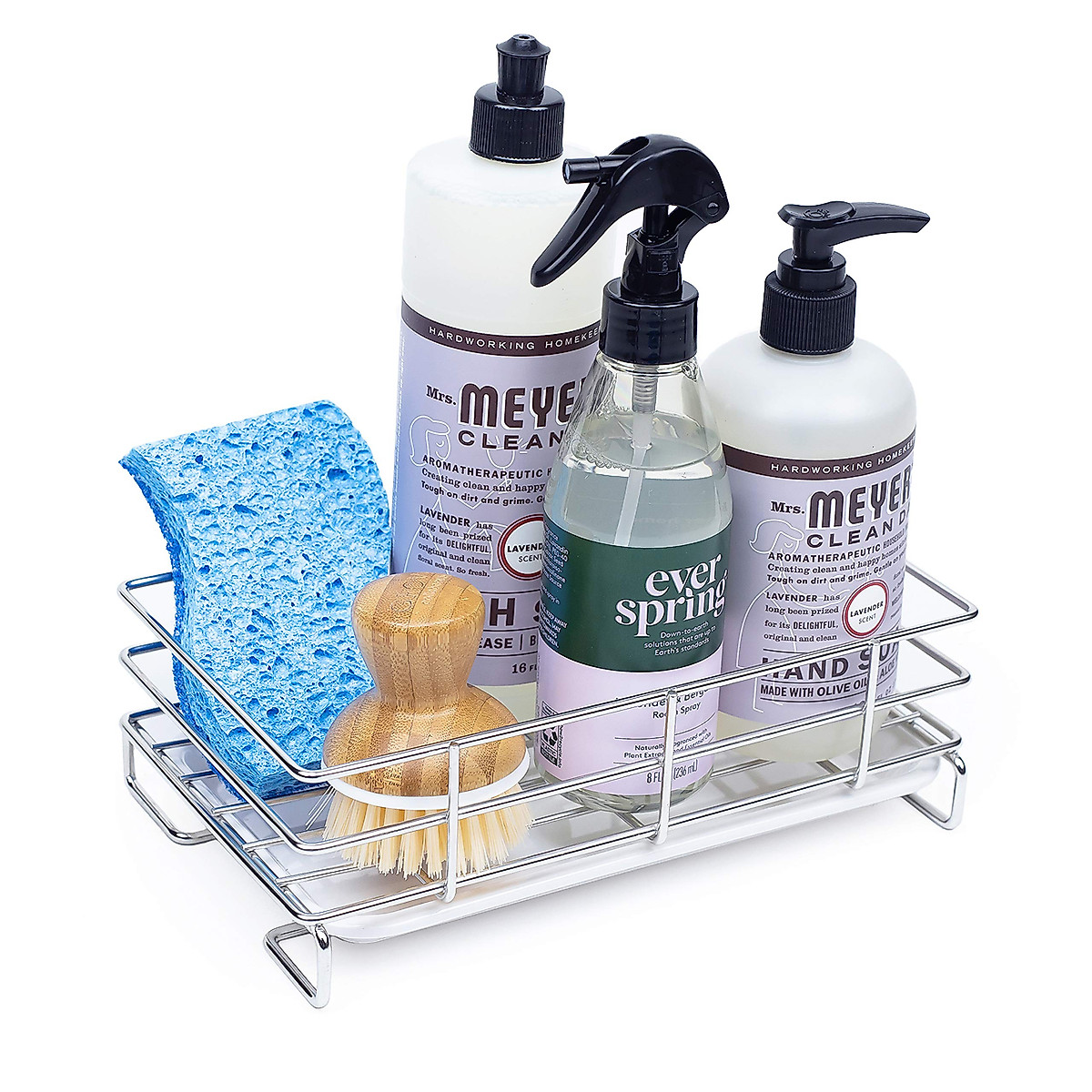 HandyHomeConcepts Kitchen Sink Caddy Sponge Holder For Kitchen Sink Organizer Large Caddy Silver 9.5x6.1x3.5 inch with removable melamine drain tray (not incl. Soap, Brush, Sponge, Towel)
