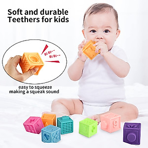 MORNSUNO Baby Blocks 6 to 12 Months,Soft Building Blocks for Babies 6 Months and up, Stacking Teething & Squeezing Toys for Infants Toddlers, Cube Blocks with Numbers Animals Fruits Textures