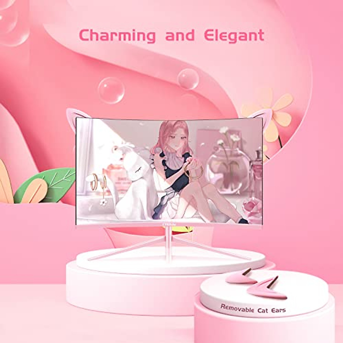 FYHXele FY27QHP Pink Monitor 27 Inch Curved Gaming 165Hz - Support 144Hz 1800R 1ms QHD 2560 x 1440P VA Screen, Built-in Speakers, AMD Free-Sync, HDMI, DP, USB, AUX, Tilt Adjustable