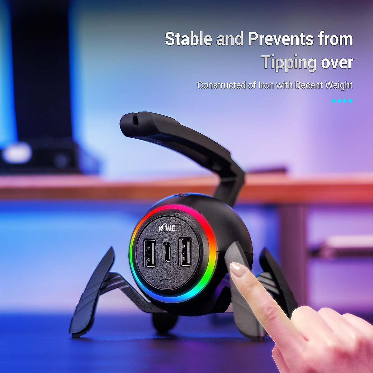 KIWIFOTOS Mouse Bungee RGB Gaming Mouse Cord Holder Controller, Upgraded Flexible Cable Management Smart RGB LED Lights 2 Port USB Hub & 1 Type-C, Spider Mouse Wire Holder