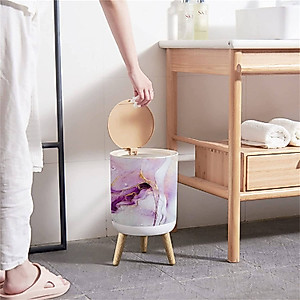 Small Trash Can with Lid Pink Purple Waves With Gold Backdrop Marble Ink Arwork Alcohol Ink Round Recycle Bin Press Top Dog Proof Wastebasket for Kitchen Bathroom Bedroom Office 7L/1.8 Gallon