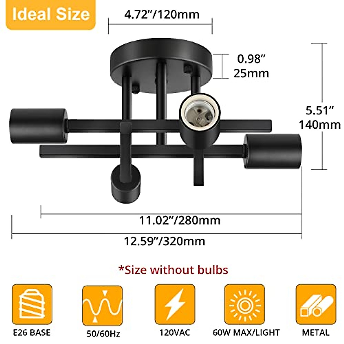 SunRider Industrial 4-Light Semi Flush Mount Ceiling Light Fixture, Modern Farmhouse Lighting Matte Black, Rustic Sputnik Chandelier Ceiling Lamp for Kitchen Bedroom Living Room, Bulbs Not Included