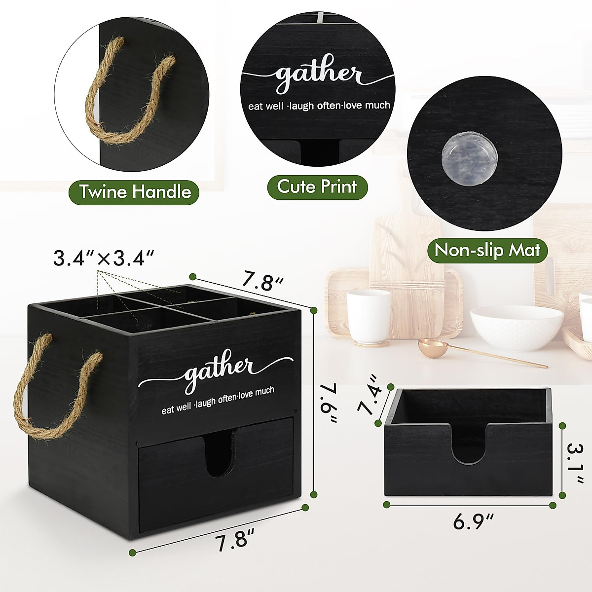 Updesign Silverware Caddy with Drawer, Flatware Organizer for Kitchen Countertop, Utensil Holder with Napkin Holder, Multifunctional Kitchen Cutlery Organizer for Forks, Knives, Spoons, Napkins, Cups