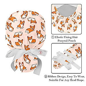 Pink Corgis Dog Scrub Hats for Women Long Hair, Working Cap with Button & Sweatband, Unisex Tie Back Hats 2 Packs