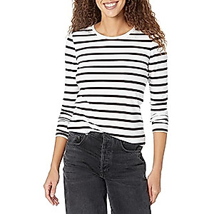 Amazon Essentials Women's Classic-Fit Long-Sleeve Crewneck T-Shirt (Available in Plus Size), Black/White Stripe, Small