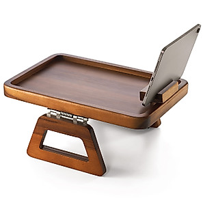 Tinamo Acacia Couch Arm Table with Phone Holder - Wooden Sofa Armrest Tray - Clip-on Tray for Wide Couch - Side Table for Eating & Drink (Acacia)