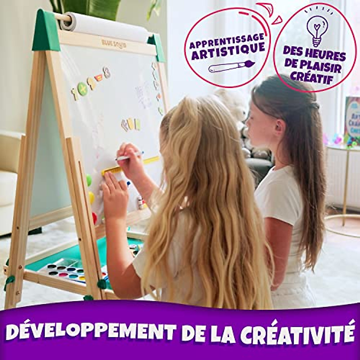 Blue Squid Art Easel for Kids - Dual-Sided Adjustable Wooden Painting Easels with Magnetic Chalk Board, Whiteboard, Paper Roll Including 100+ Accessories, Ideal for Toddlers & Children 3 to 12