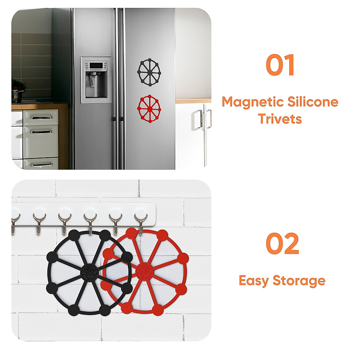 2PCS Magnetic Trivets for Hot Pots and Pans, Non-Slip Silicone Mats, Heat Resistant Magnetic Pads for Hot Dishes/Pots/Pans, Black & Red Double Sided Silicone Kitchen Trivets for Table Countertop