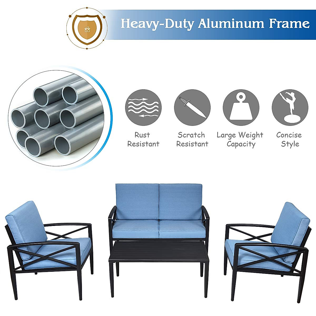 Tangkula 4PCS Outdoor Aluminum Patio Conversation Set, Patio Sofa Set 1 Loveseat, 2 Single Sofas, 1 Coffee Table, Outdoor Furniture Set w/Padded Cushions for Garden, Yard, Pool, Backyard (1, Blue)