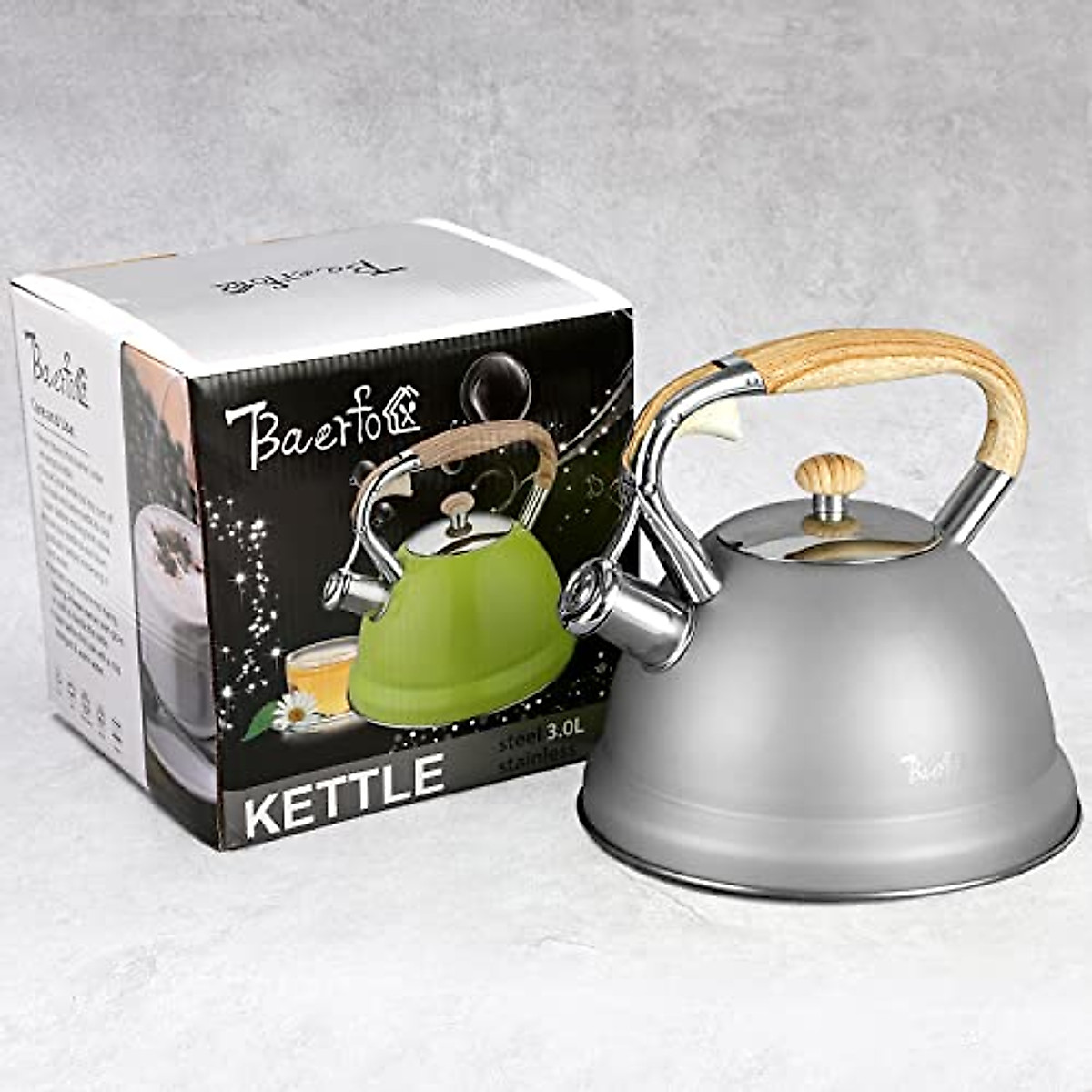 BAERFO 3.17 QT Stove Top Whistling Tea Kettle,Stainless Steel Teakettle,Teapot for Stove with Premium Zinc Alloy Silicone Grip(Silver)