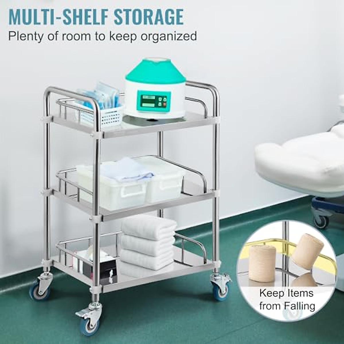 VEVOR Lab Rolling Cart, 3-Shelf Stainless Steel Rolling Cart, Lab Serving Cart with Swivel Casters, Dental Utility Cart for Clinic, Lab, Hospital, Salon, 26.38"x15.55"x34.13"
