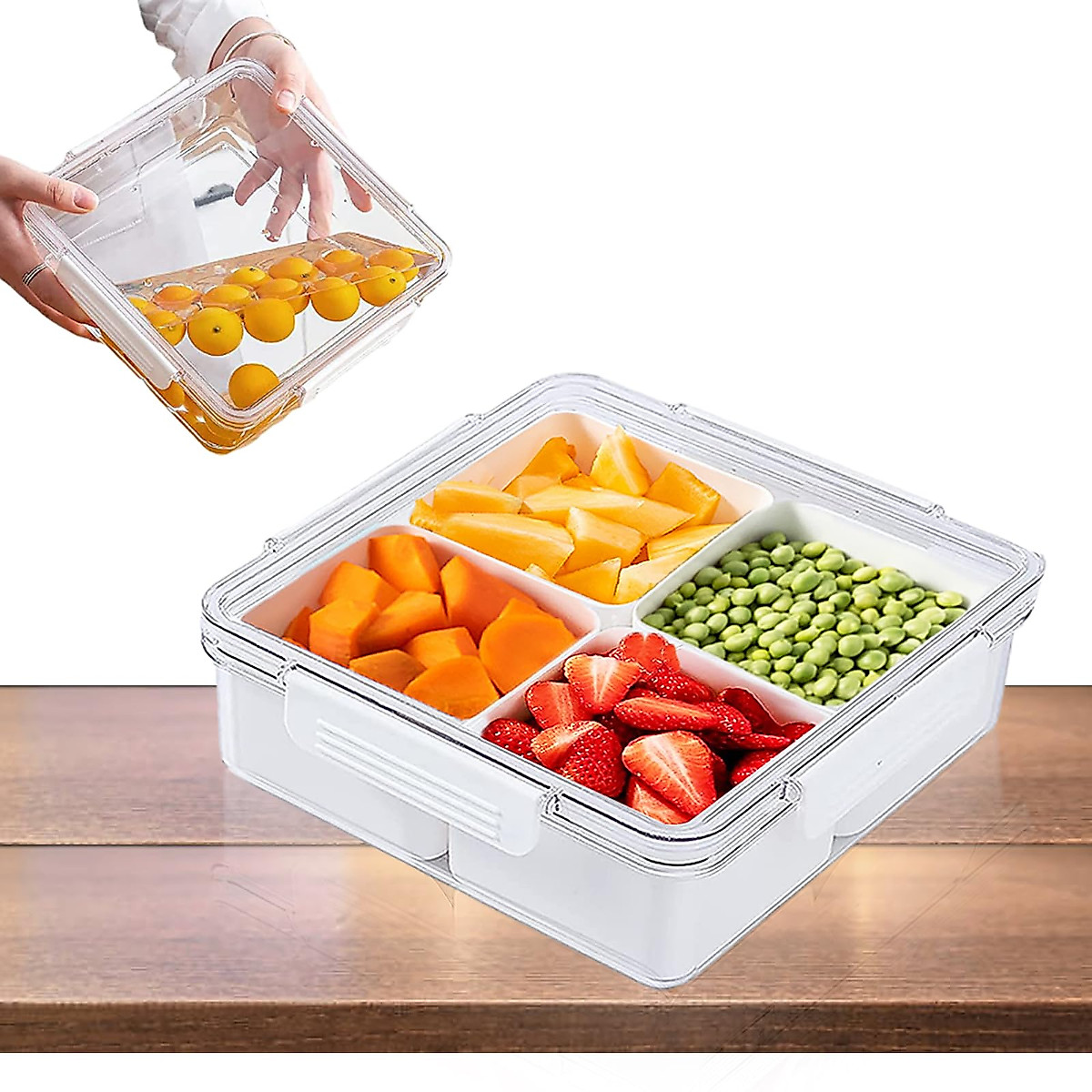 TOKLYUIE Veggie Tray with Lid Reusable Large Divided Serving Snack Tray with Lid Fruit Platter Vegetable Tray Food Storage Container with 4 Compartments