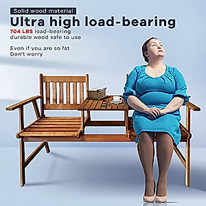 HCY Outdoor Bench, Garden Bench Patio 2 Person Chair Front Porch Decor Middle Table Conversation Sets with Umbrella Hole Backrest Armrests,for Outdoor, Park, Yard (Natural ,60 x 26x 34 Inches