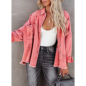 EVALESS Women's Denim Jacket Boyfriend Jean Jackets for Women Fashion 2023 Distressed Shacket Jacket Ripped Frayed Jean Shirts Business Casual Red Top Outfits with Pockets Light Stretchy Shirt,Large