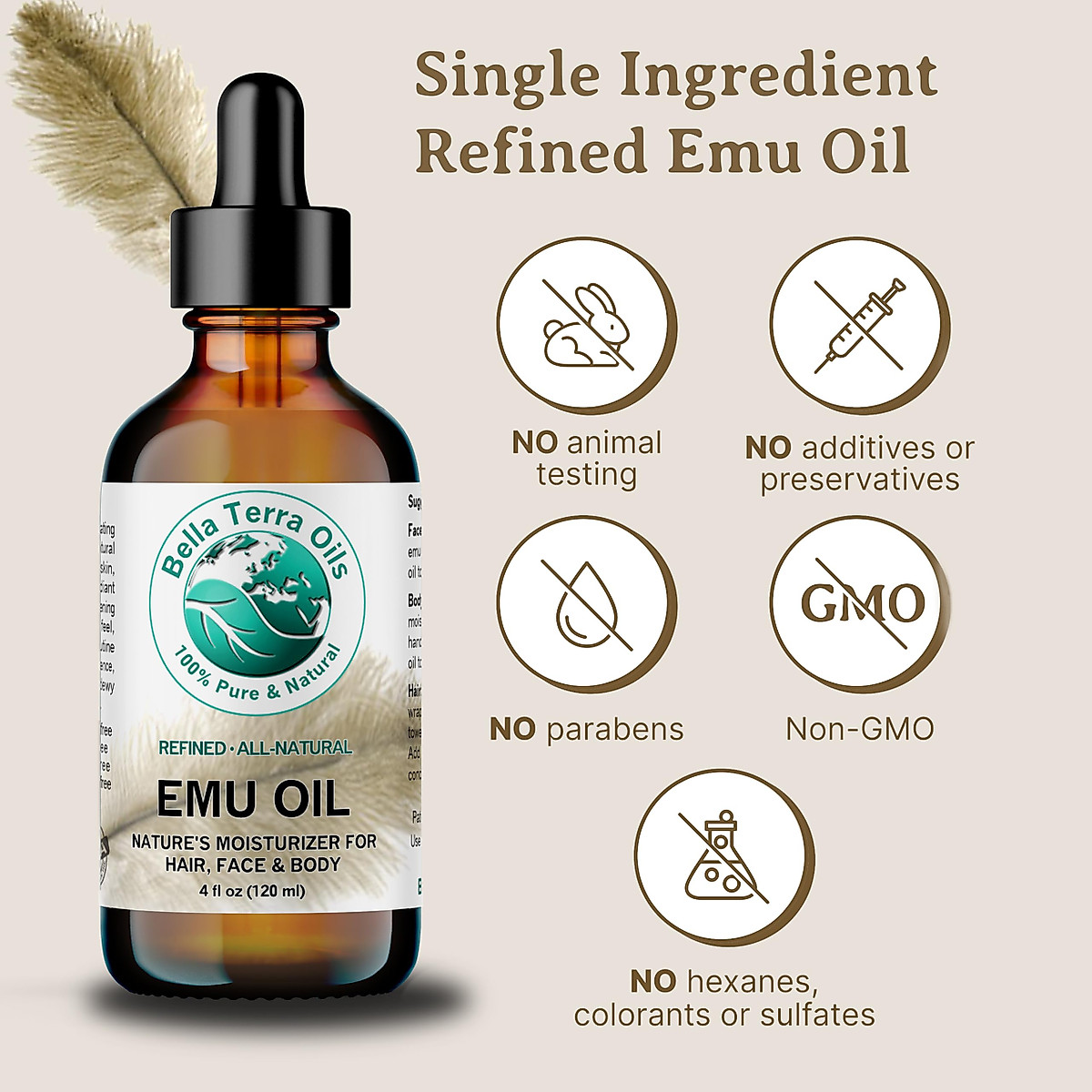 Bella Terra Oils - Emu Oil 4 oz - Genuine Pure Australian Emu, Infused with Linoleic & Oleic Acid, Perfect Companion for Lustrous Skin