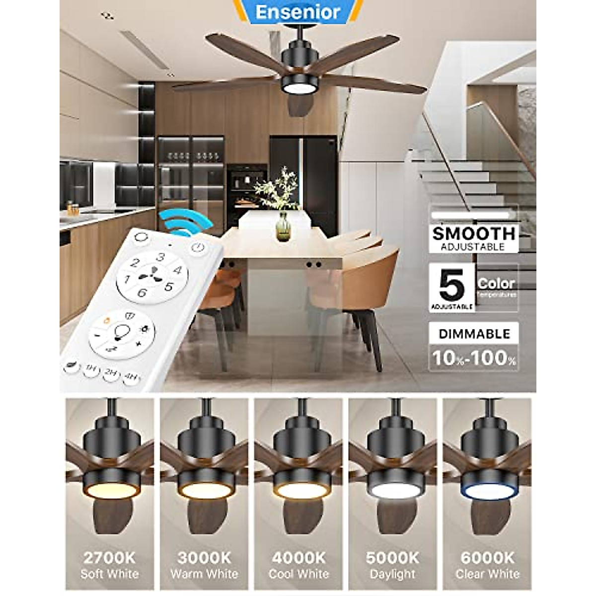 Ensenior 52” Ceiling Fan with Light Remote Control, 5CCT selectable, Dimmable, 1000 Lumens, 15W LED, 5 Wood Blades and Reversible DC Motor, for Bedroom and Living Room, Black, (338)