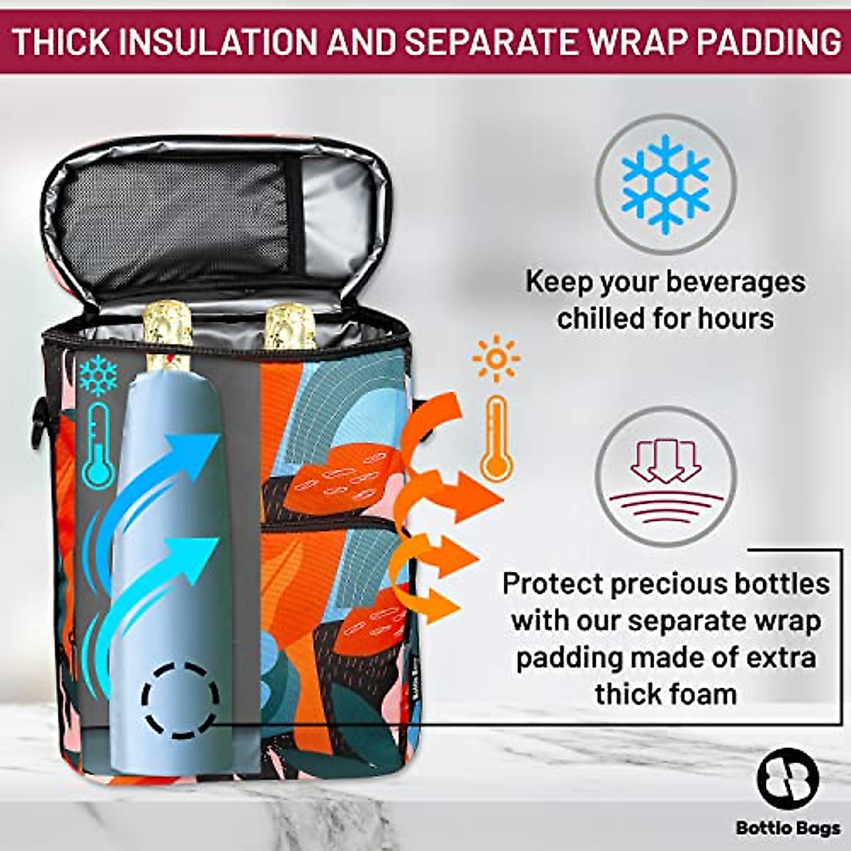 Champagne & Wine Tote Bags for 2 Wine Bottles – Insulated Wine Carrier Bag with 3 Storage Pockets, Detachable Shoulder Strap & Carry Handle – Leakproof, Waterproof Wine Cooler Bag – Sunny Side