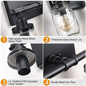 Black Vanity Light Fixtures 2-Light Mason Jar Wall Lamp Farmhouse Wall Sconces, Plug in Pendant Lighting with Cord 2 Pack Black Hanging Lamp with Plug in Cord 15.8ft and Dimmer Switch Bundled Goods
