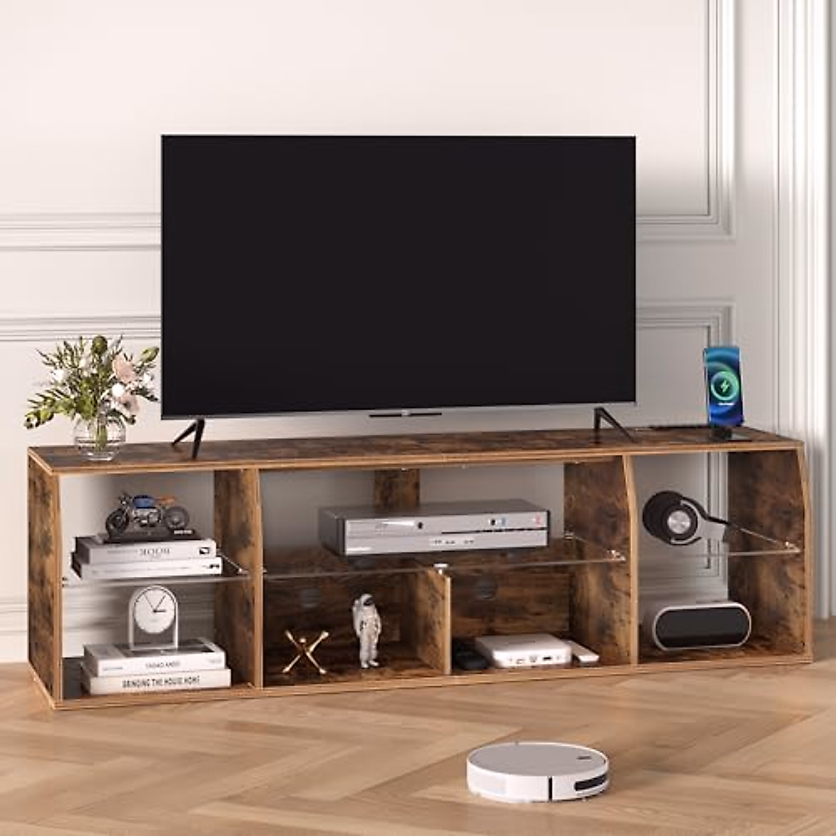 VECELO LED TV Stand for 70 inch Entertainment Center with Power Outlets, Industrial Television Cabinet with 7 Open Storage Shelves, for Living Room and Bedroom, Retro Brown, 70inch