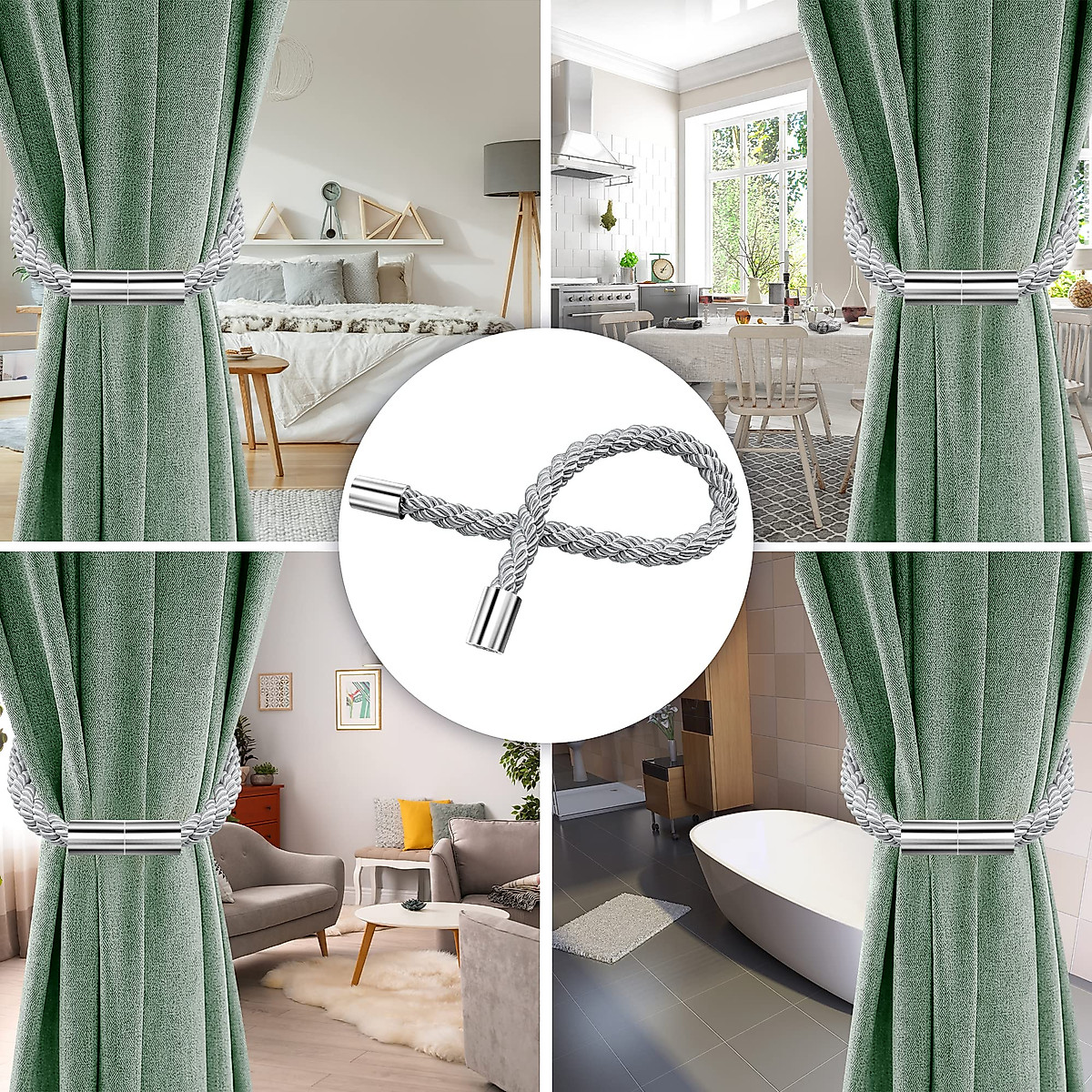 VIKIMORA 2 Pack Curtain Tiebacks for Draperys Gray, Strong Magnetic Curtain Tie Backs,Curtain Holders for Thick Drapes,Gray Cotton Rope Tie Backs for Heavy Duty Drapes,Gray