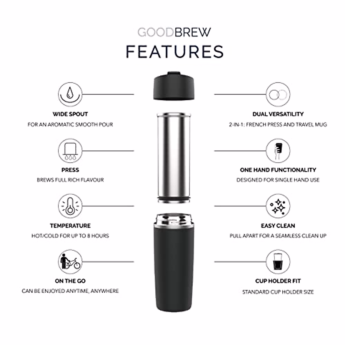 GoodBrew Flip Top - Insulated Coffee and Tea Press | Travel French Press Coffee Maker | No spilling and no liquid migration in the ground chamber | Perfect for Commuting, Camping or Traveling (15oz) (Long Black)