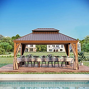 GAZEBEST 12' X 16' Hardtop Gazebo, Outdoor Aluminum Patio Gazebo Double Roof Galvanized Steel Wooden Finish Coated Canopy with Netting and Curtains for Garden, Patio, Backyard, Deck and Lawns.