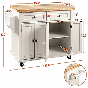 NSdirect Kitchen Island Cart,Kitchen Bar&Serving Cart Rolling on Wheels with Spice Rack Towel Holder Utility Storage Trolley with Storage Drawers for Home Hotel Kitchen Dinning Room(White)